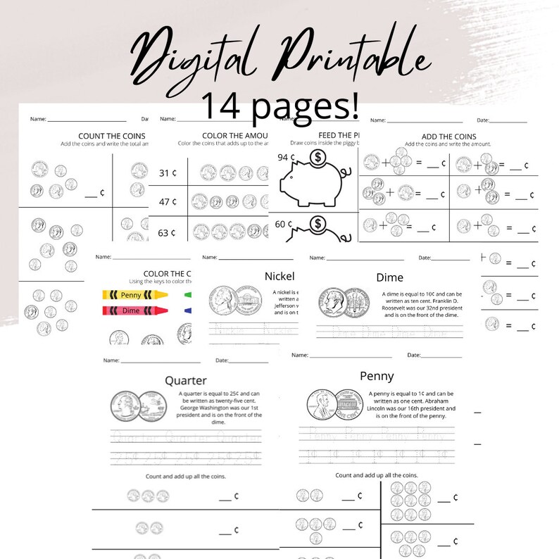 Math Montessori Printables Worksheets for Toddler, Money Coin Math ...