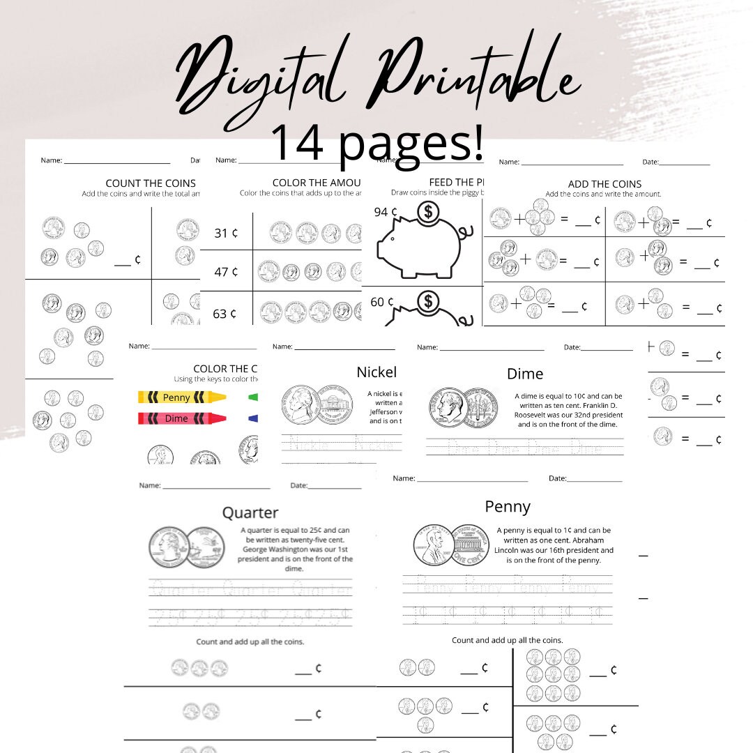 Math Montessori Printables Worksheets for Toddler, Money Coin Math ...