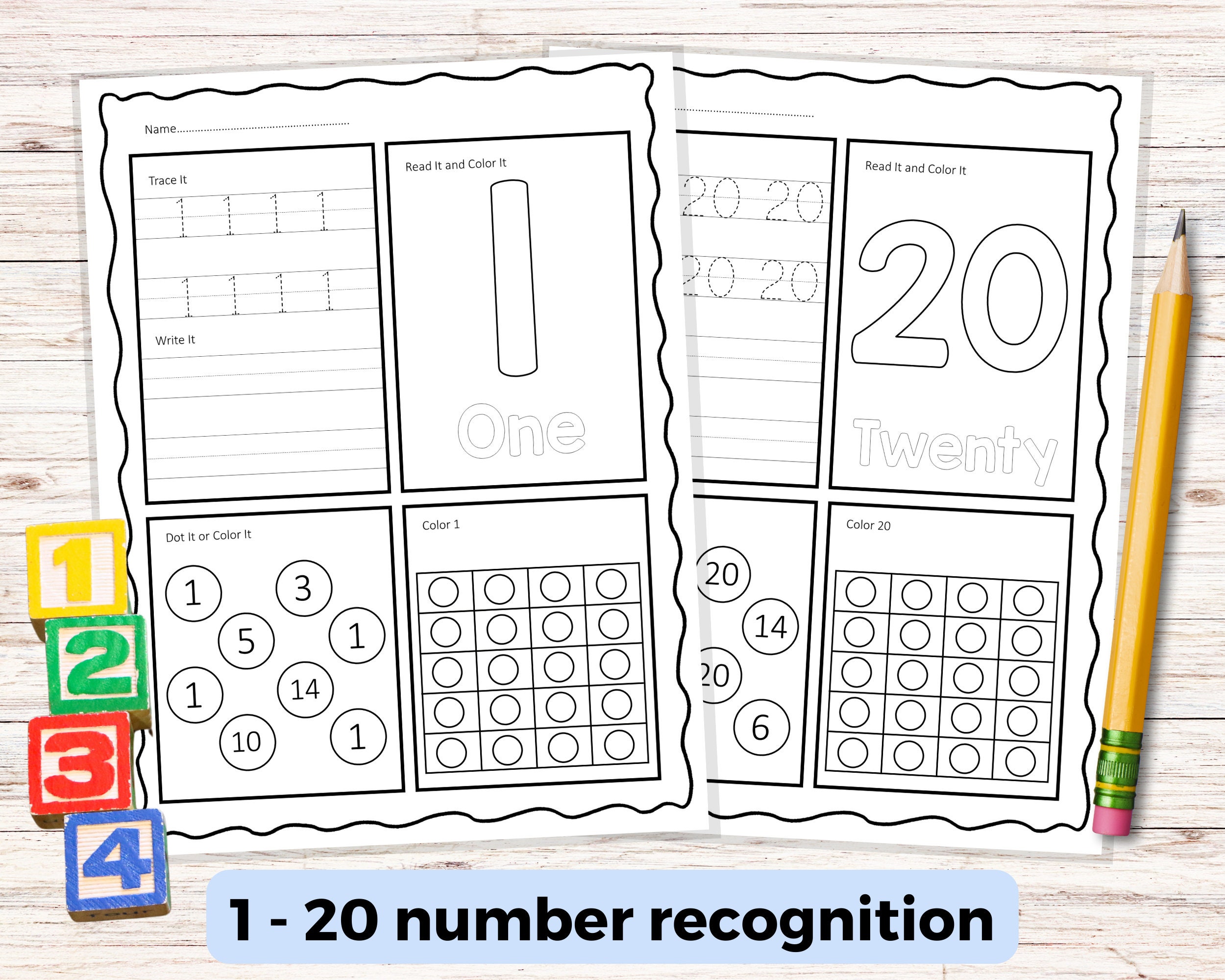 1 - 20 Number Recognition Preschool Printable Worksheet | Kindergarten ...