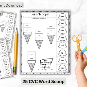 CVC Word Worksheet | Cut & Paste Ice Cream Scoop | CVC Word Recognition ...