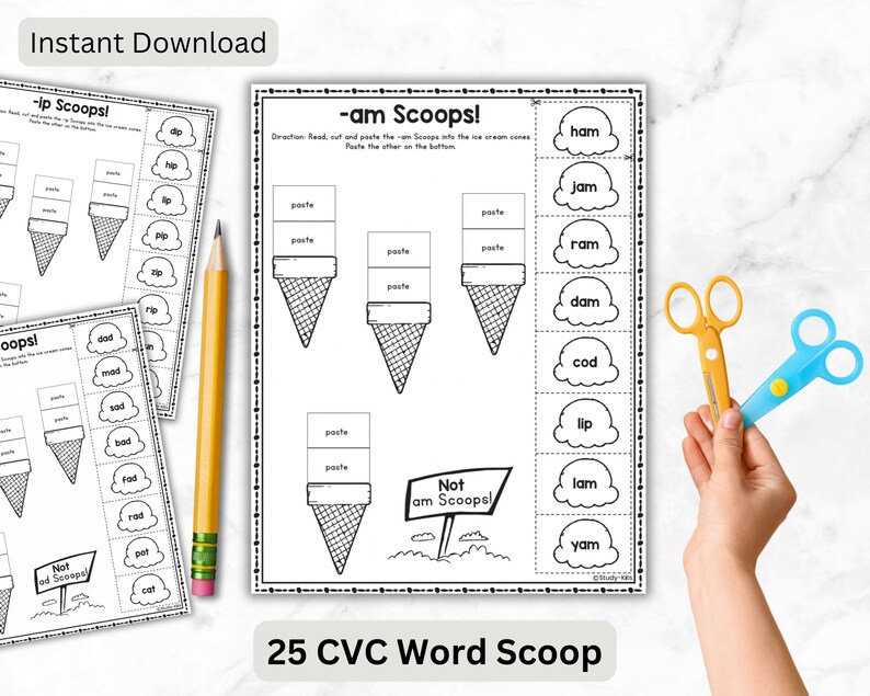 CVC Word Worksheet | Cut & Paste Ice Cream Scoop | CVC Word Recognition ...