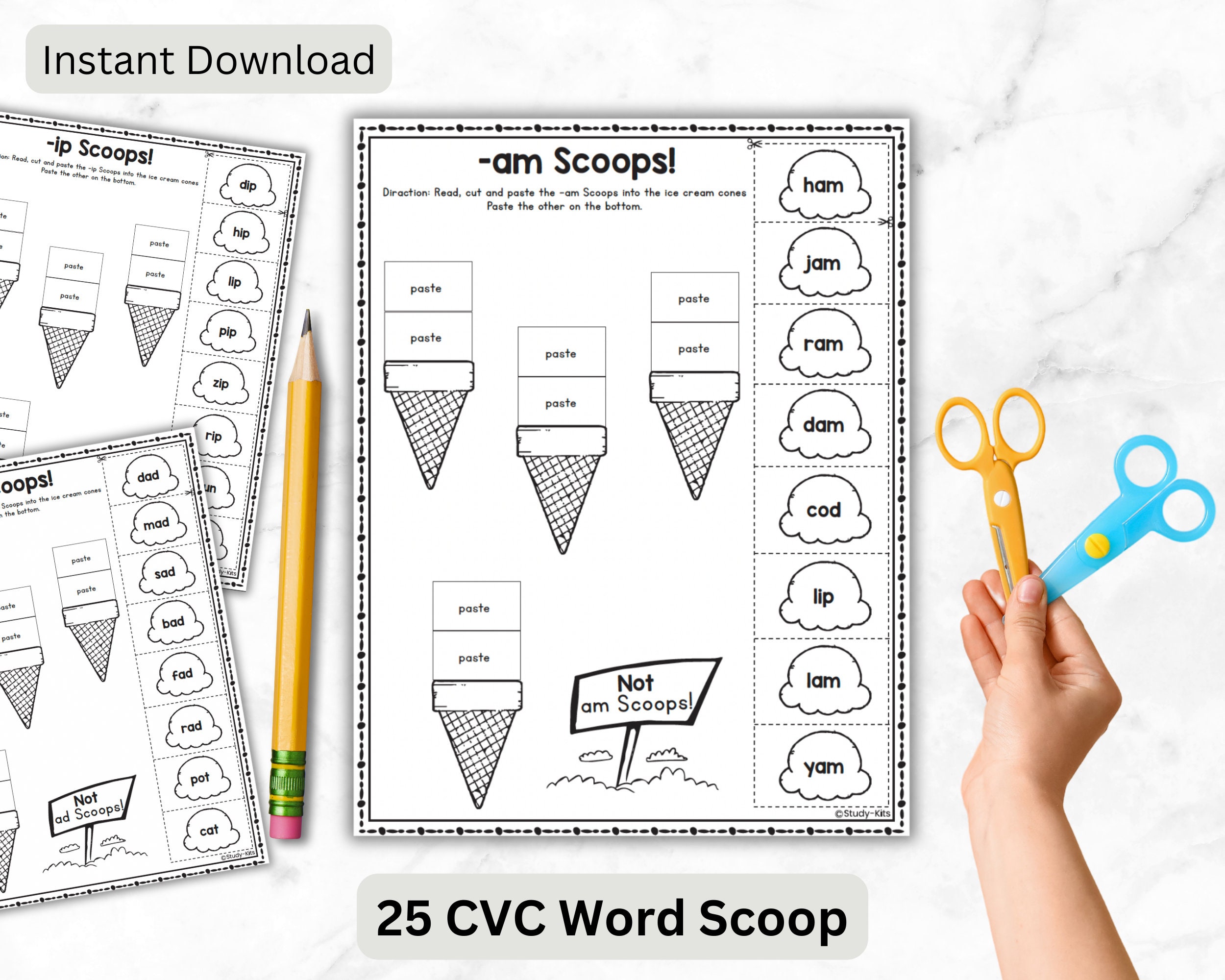 CVC Word Worksheet | Cut & Paste Ice Cream Scoop | CVC Word Recognition ...