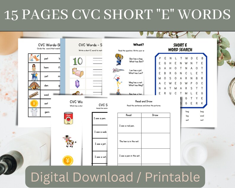 15 Pages of Short e CVC Words Worksheets for Kindergarten CVC Words ...