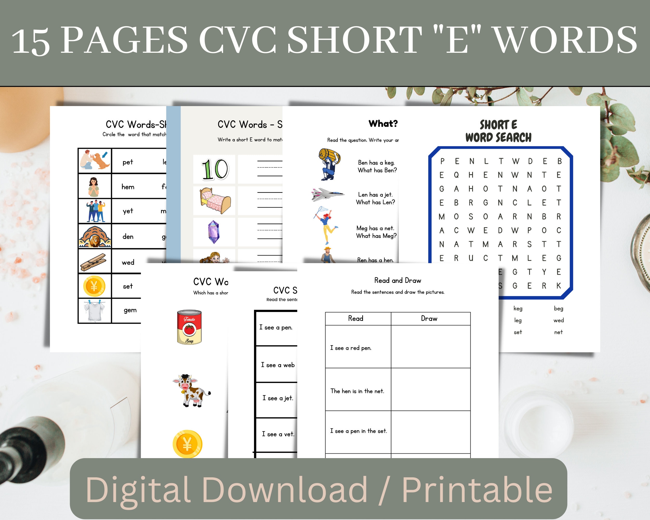 15 Pages of Short e CVC Words Worksheets for - Etsy