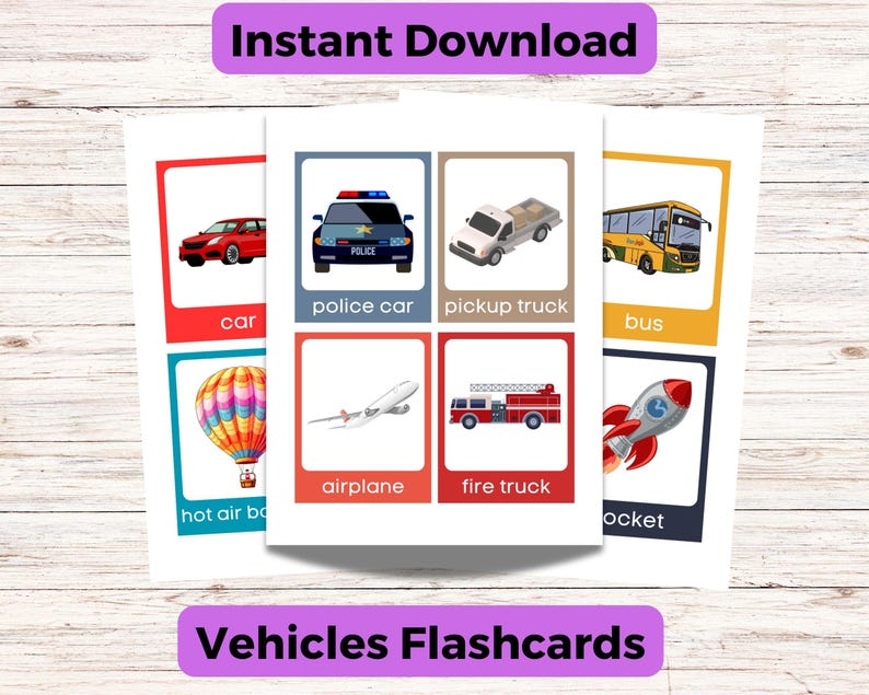 Vehicles Flashcards for Kids - Etsy