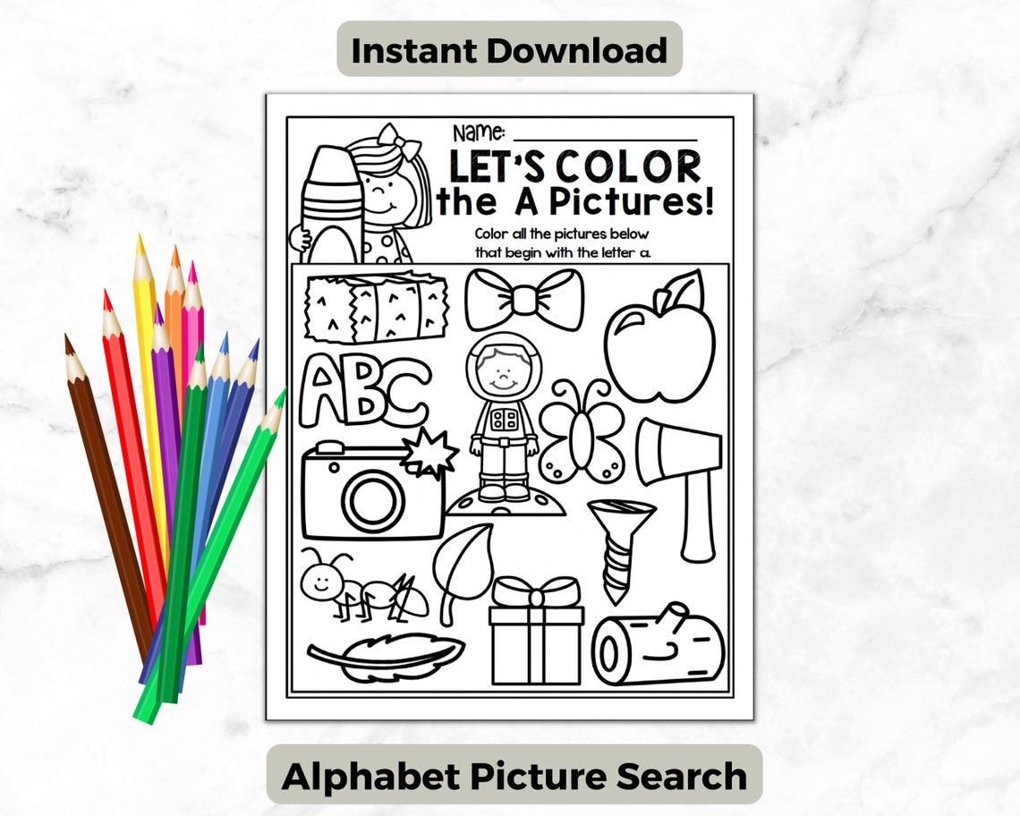 Alphabet Picture Search Coloring Pages: A-Z Letter Recognition (digital ...