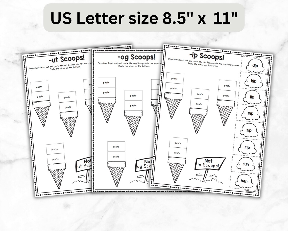CVC Word Ice Cream Scoop Worksheet: Cut & Paste Activity (digital ...