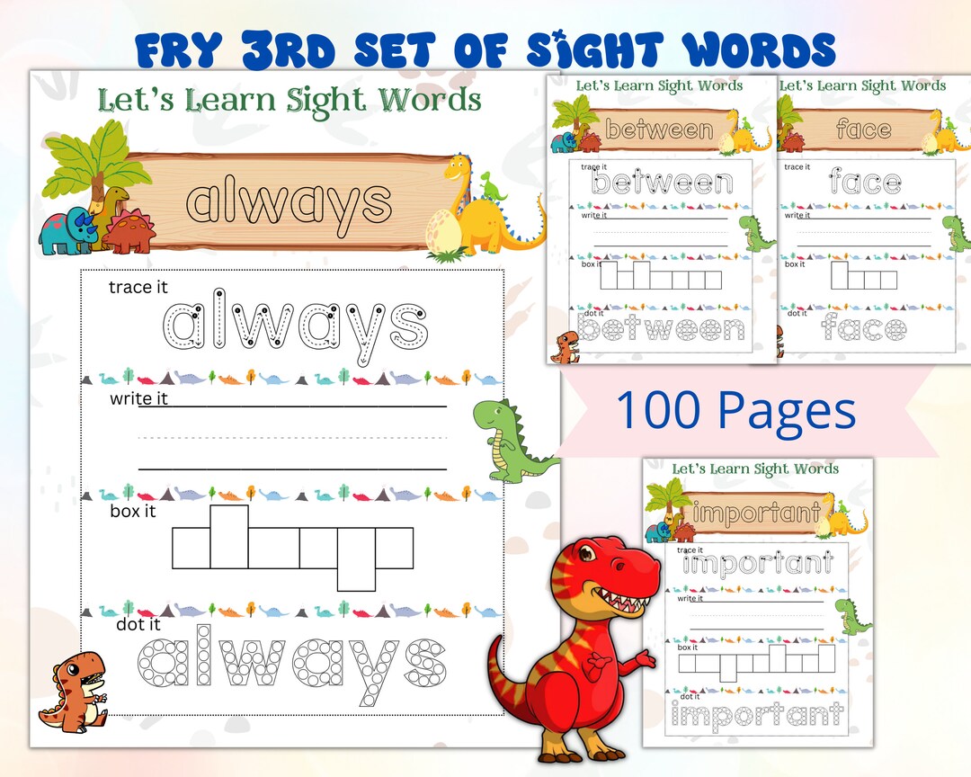 Dinosaur Sight Words Worksheets: Fry 3rd Set, Kindergarten Printable ...