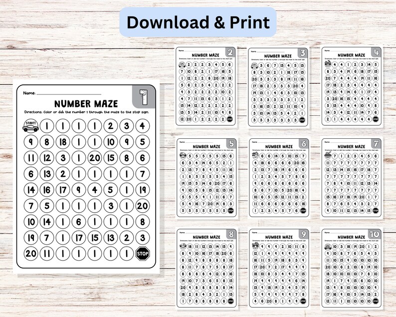 Number 1 - 20 Maze Activity Printable Worksheet for Toddler ...
