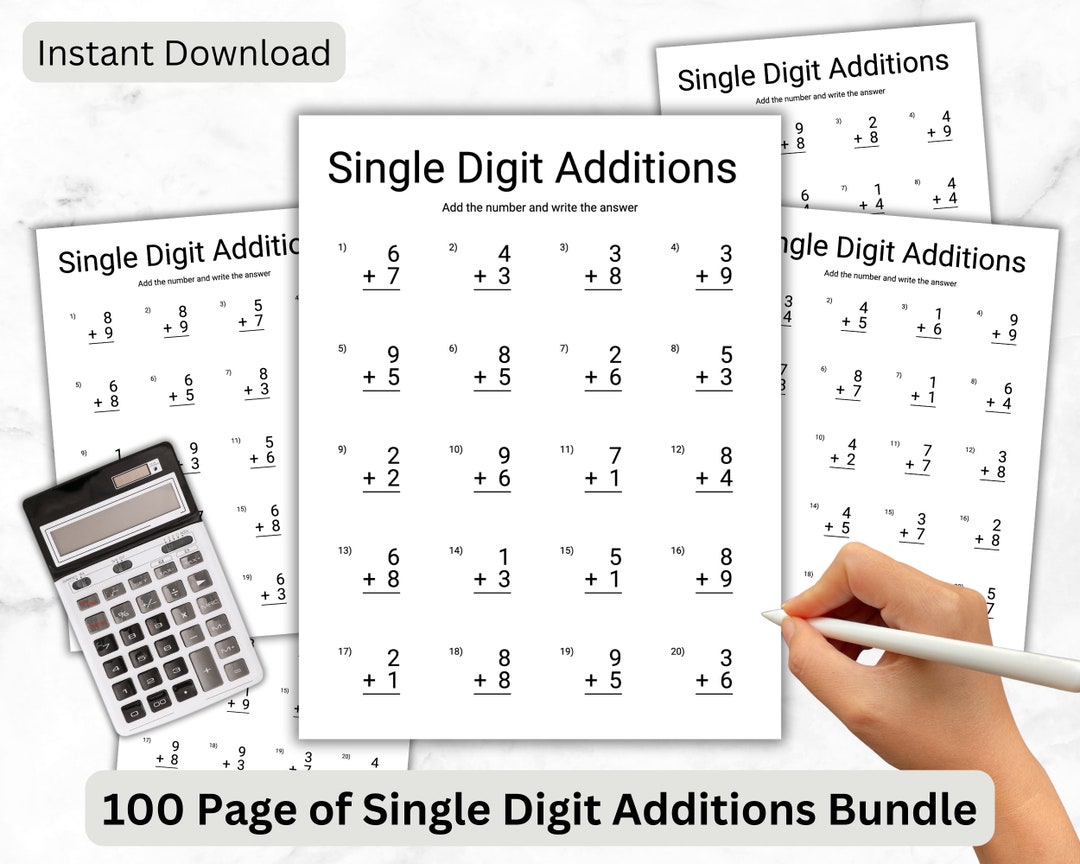 100 Pages of Single Digit Addition Math Worksheet for Kindergarten ...