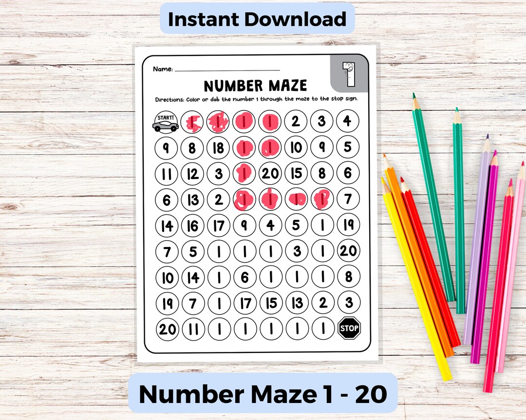 Number 1 - 20 Maze Activity Printable Worksheet for Toddler ...