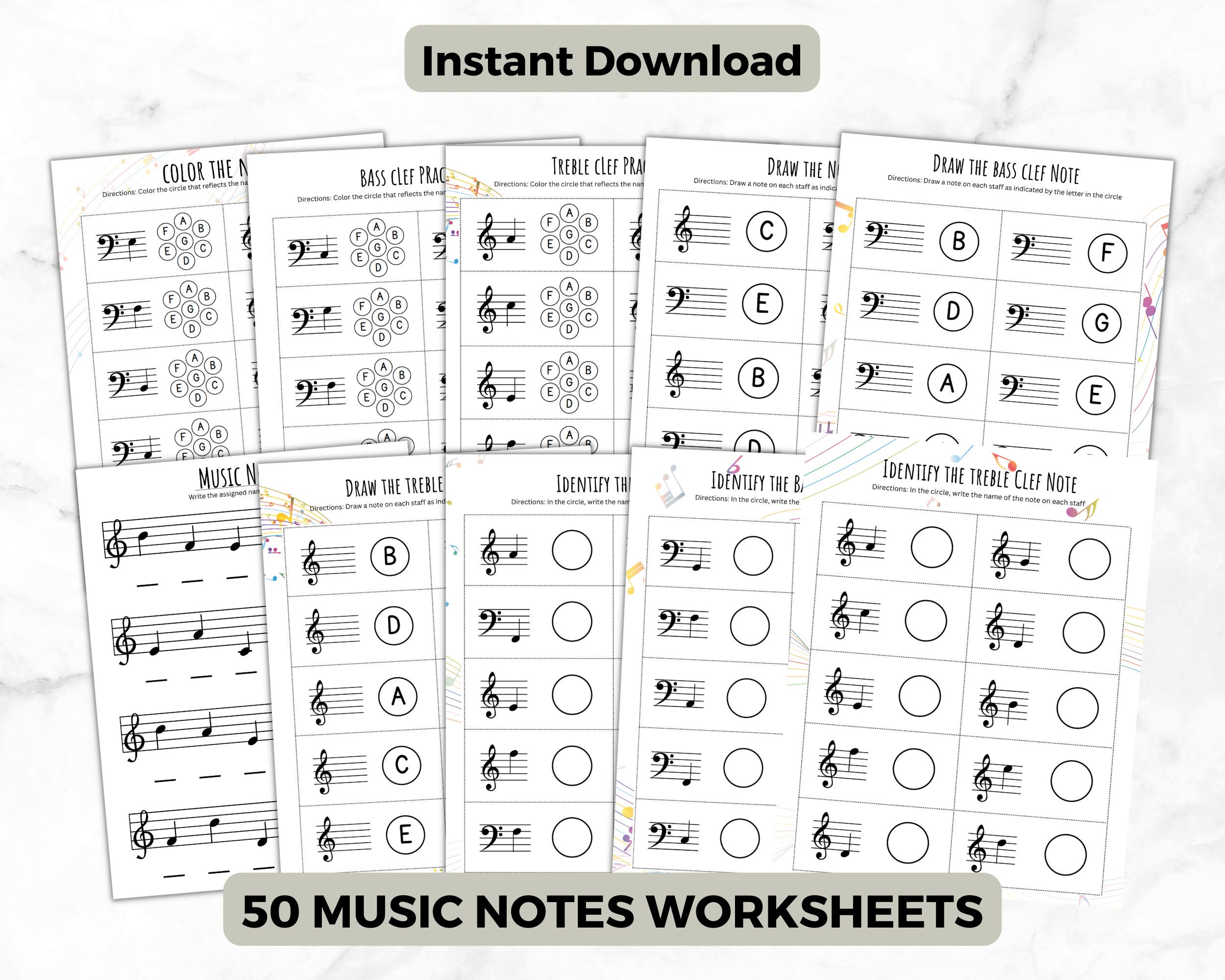 Music Notes Worksheets | Treble G and Bass F Clef Identify Music Note ...