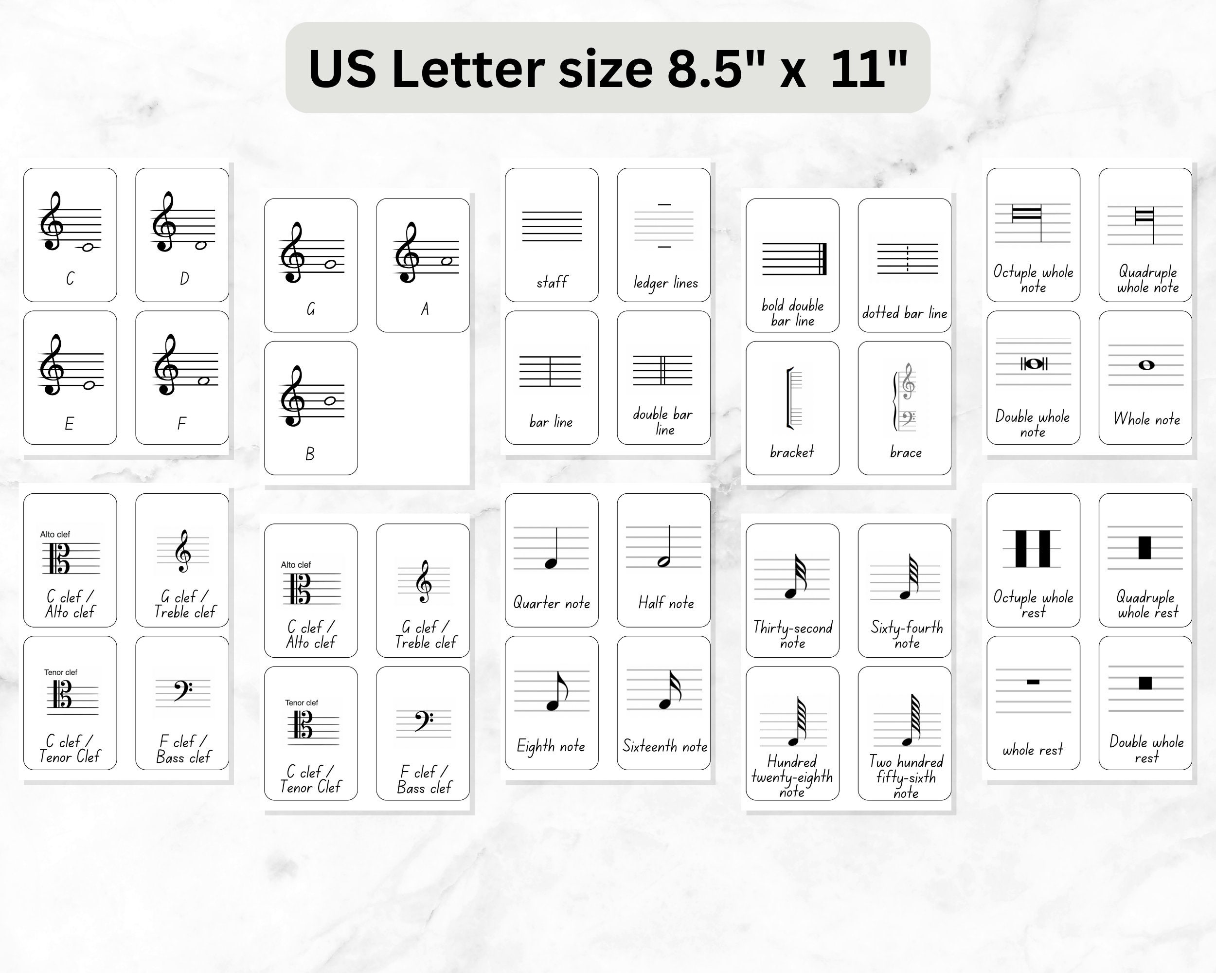 Music Symbols & Notes Flash Cards | Treble G Bass F Clef | Music Theory ...