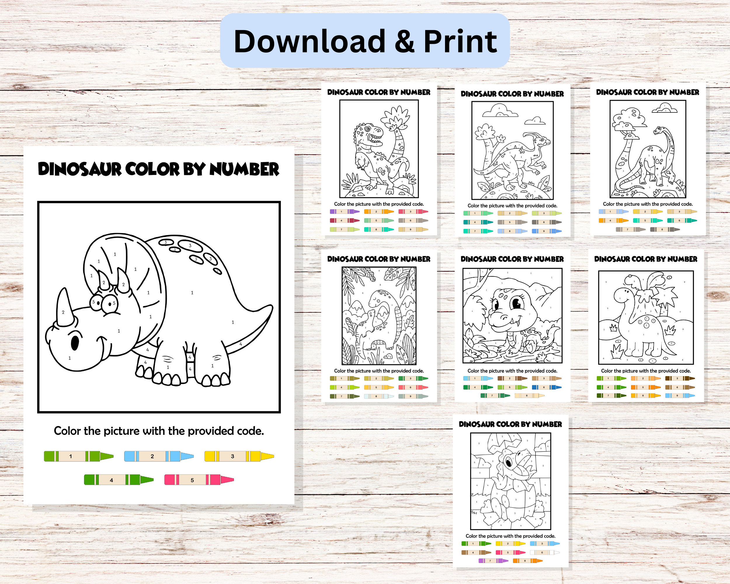 Dinosaur Coloring by Number Toddler Worksheet Page Learning Number ...