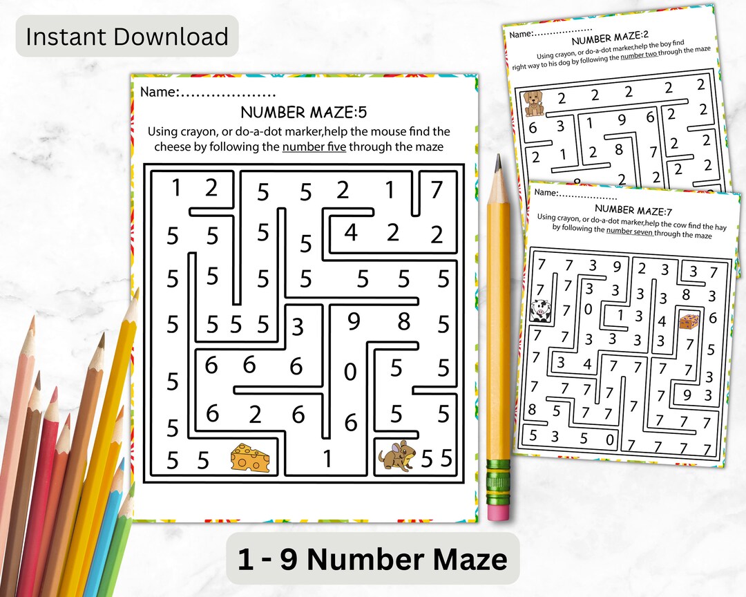 Number Maze Puzzle Worksheet: Toddler Kindergarten Activity (digital ...
