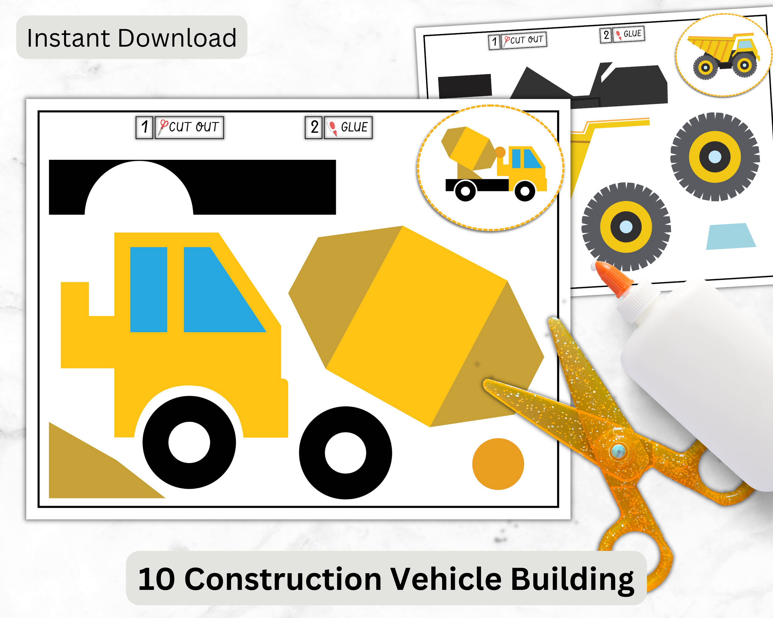 Construction Vehicles Cut and Paste Together Picture for Toddler, Busy ...