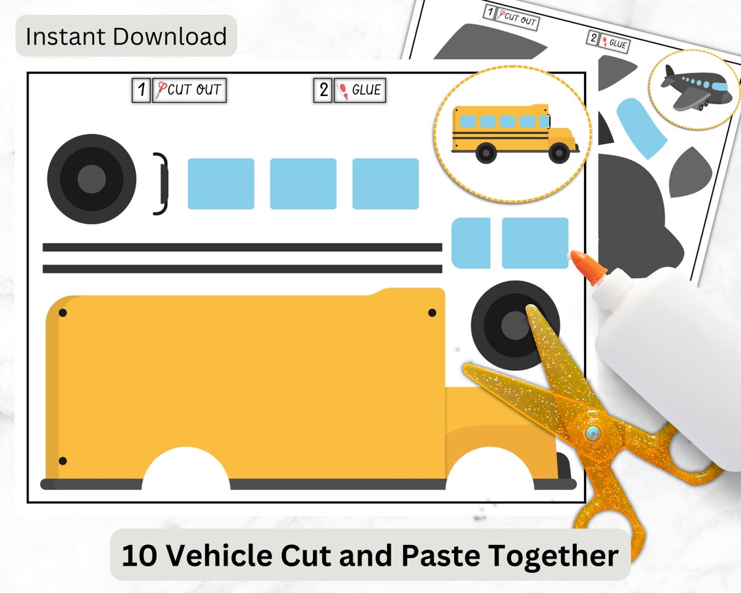 Vehicles Cut and Paste Together Picture for Toddler, Busy Binder Book ...