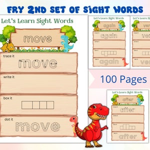 Dinosaur Sight Words Worksheets: Fry 2nd Set (digital Download) - Etsy