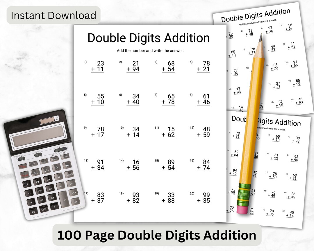 100 Pages of Double Digits Addition Math Worksheet for Kindergarten ...