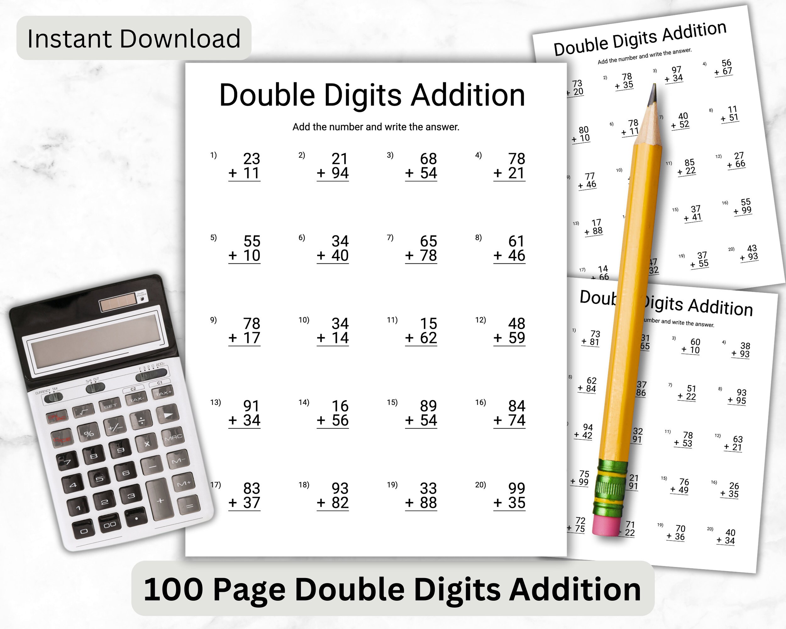 100 Pages of Double Digits Addition Math Worksheet for Kindergarten ...
