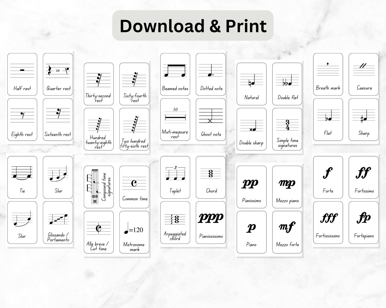 Music Symbols & Notes Flash Cards | Treble G Bass F Clef | Music Theory ...