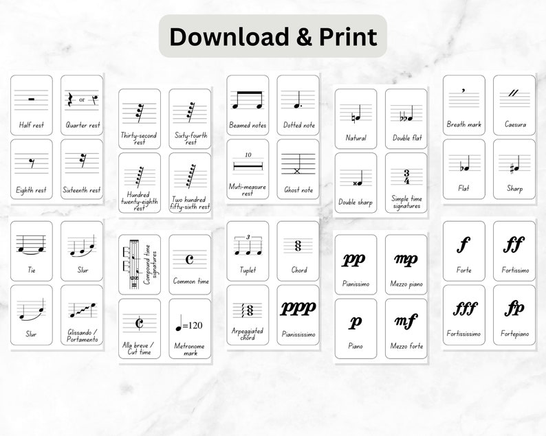 Music Symbols & Notes Flash Cards | Treble G Bass F Clef | Music Theory ...