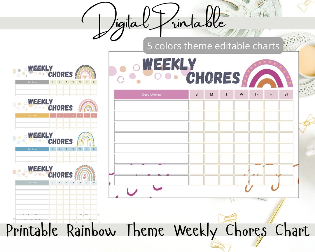 Toddler Weekly Chores Chart: Rainbow Theme, 5 Colors (digital Download ...