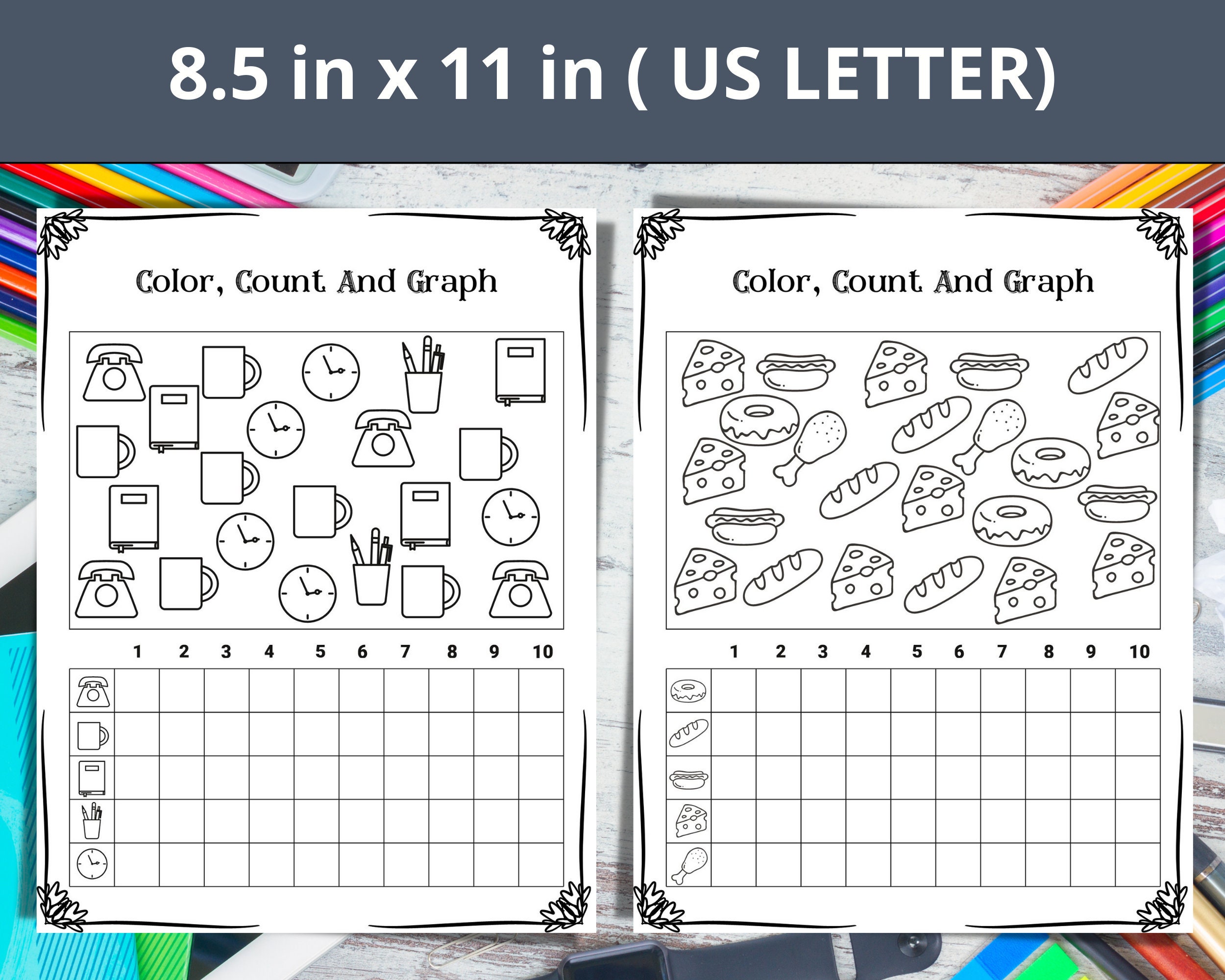 Count, Color & Graph Math Worksheet: 10 Pages (digital Download) - Etsy