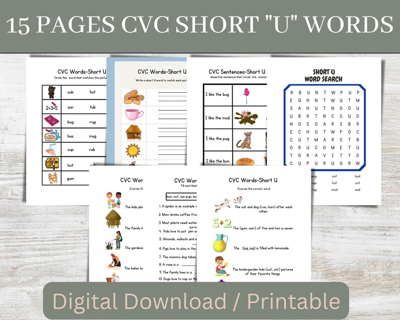 15 Pages of Short "u" CVC Words Worksheets for Kindergarten | CVC Words ...