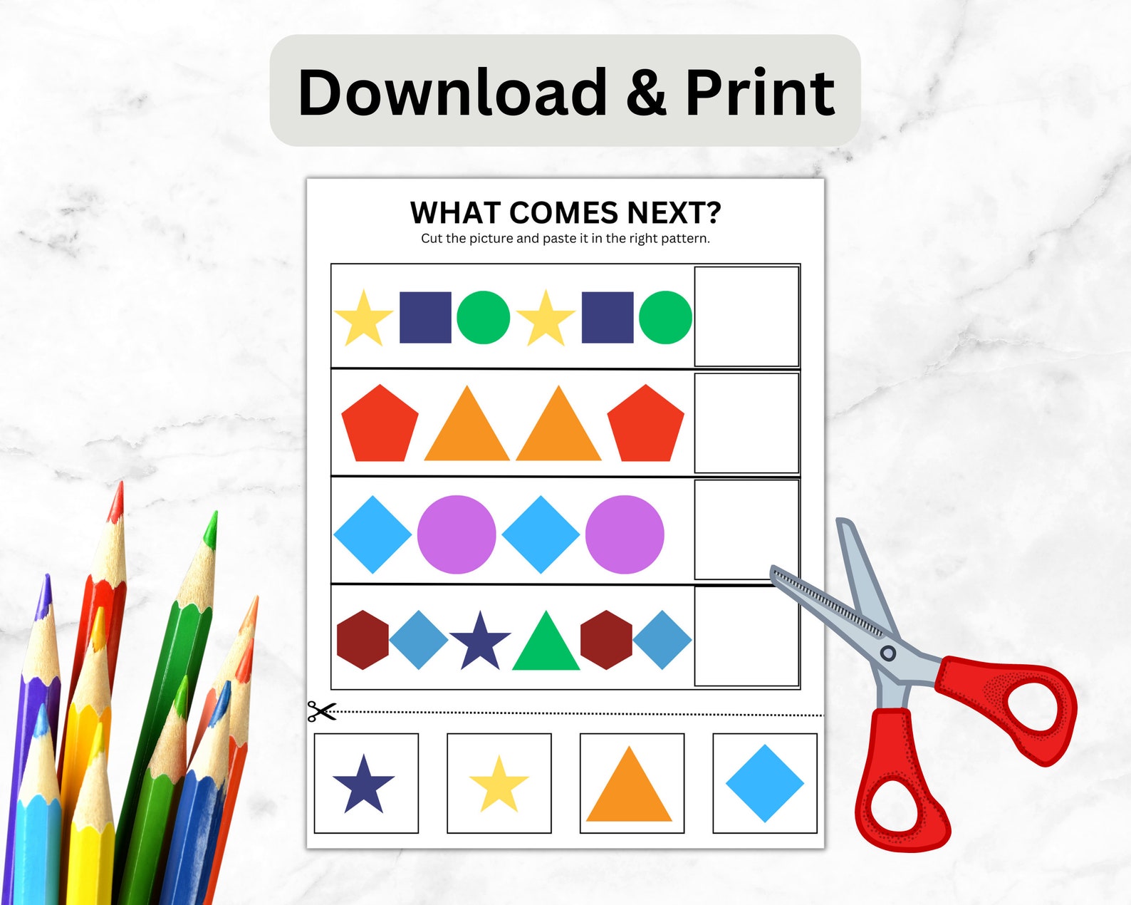 10 Pages What Comes Next Pattern Worksheets | Toddler Pattern Cut and ...