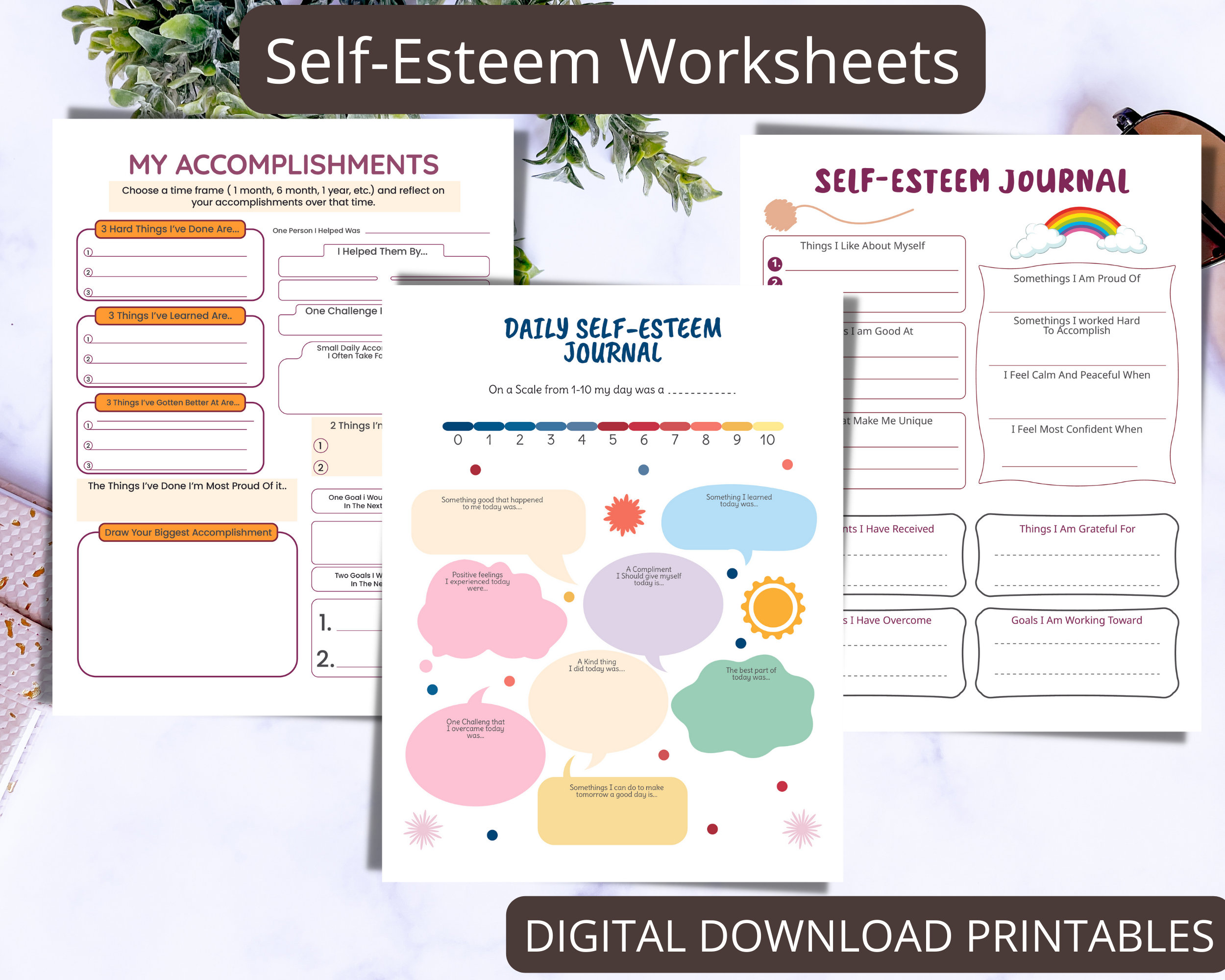 Daily Self-esteem Journal Printable Worksheet Child Therapy Counseling ...