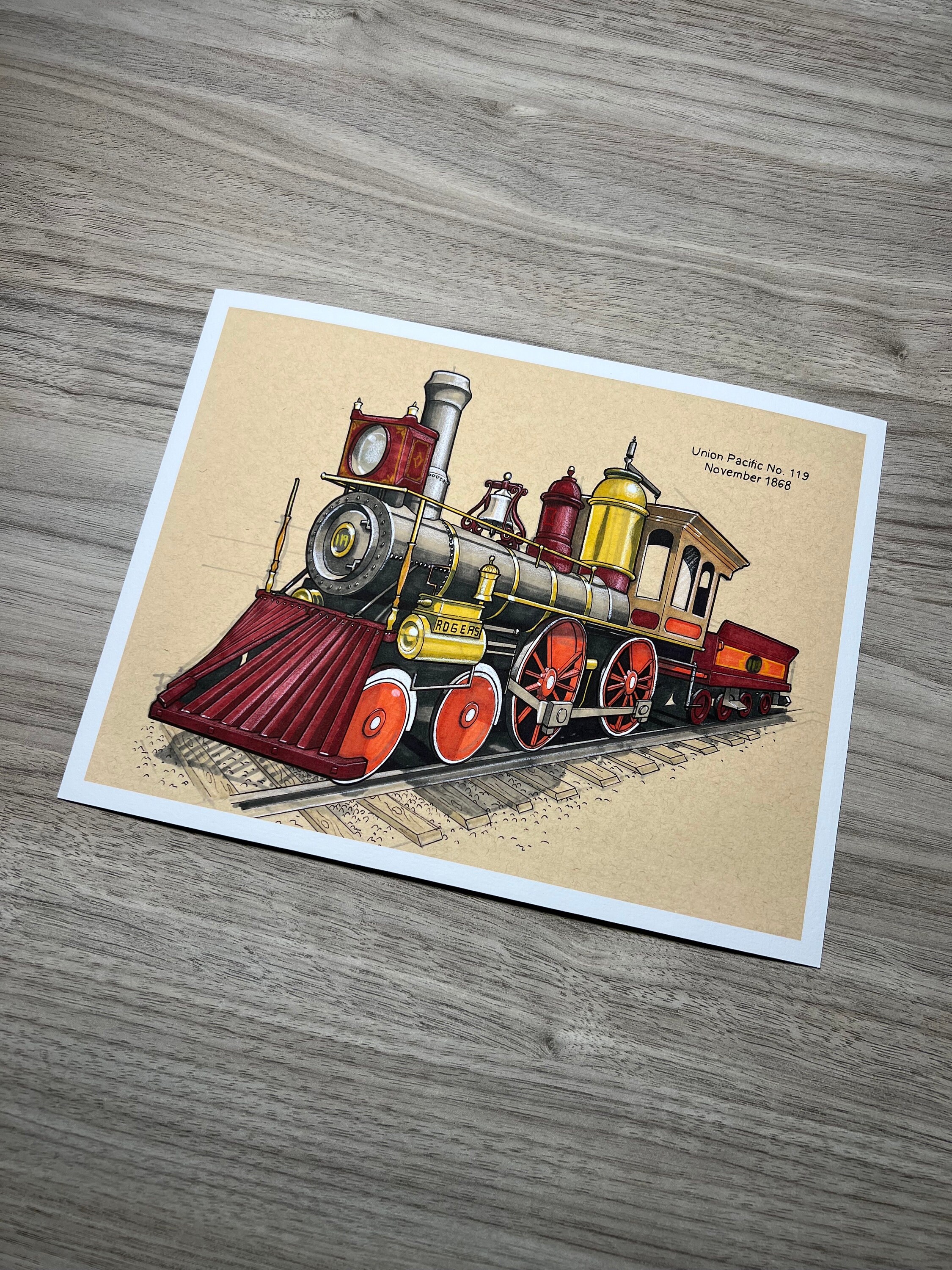 6” X 8” Union Pacific No. 119 Steam Locomotive Print - Hand Drawn ...