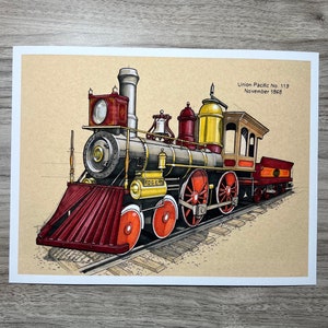 6” X 8” Union Pacific No. 119 Steam Locomotive Print - Hand Drawn ...