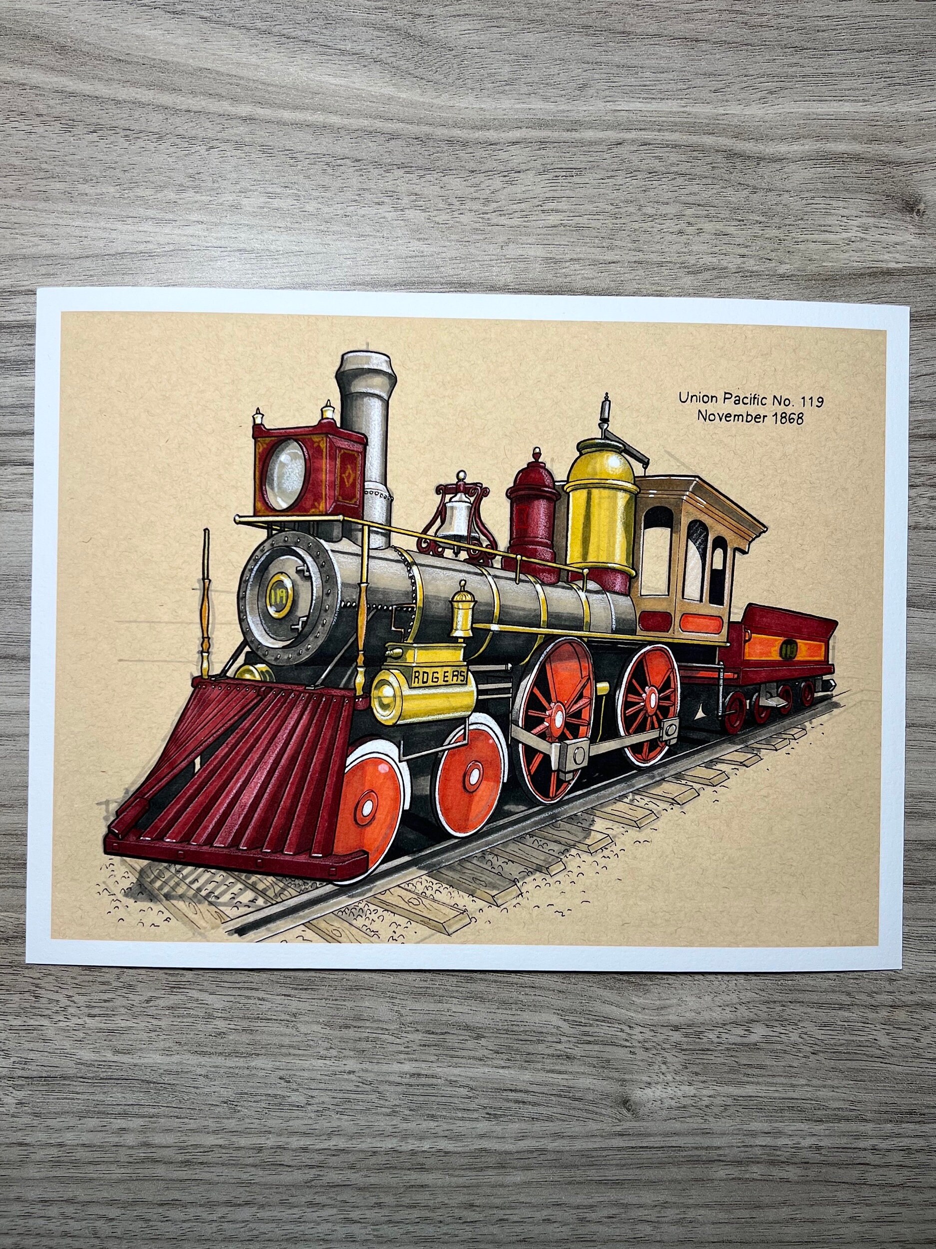6” X 8” Union Pacific No. 119 Steam Locomotive Print - Hand Drawn ...