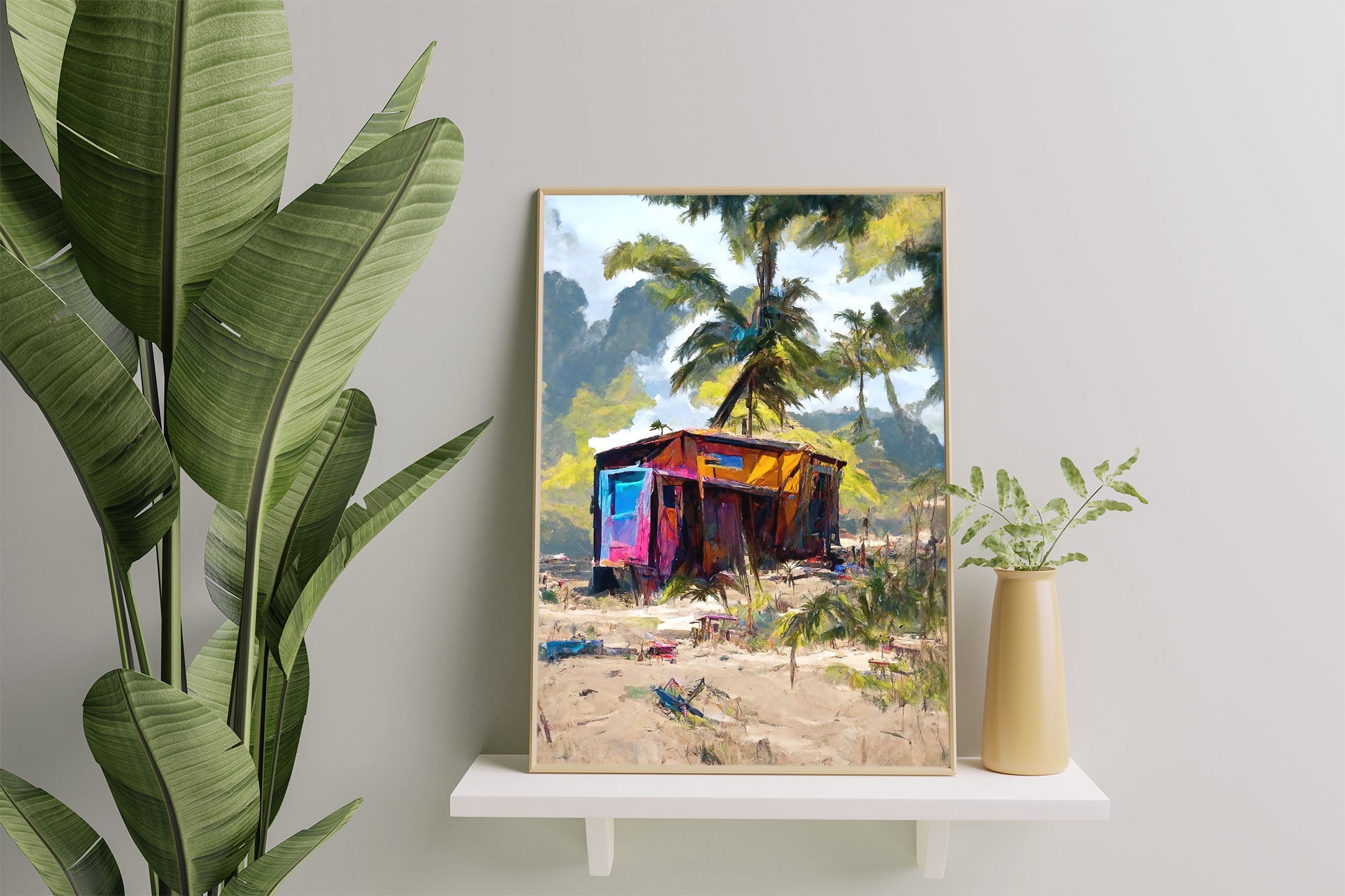 Beach Shack Digital Painting, Printable Wall Art, Blue Landscape Art ...