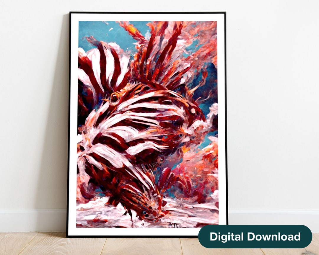 Lionfish Wall Art, Maroon and White, Caribbean Sea Nature, Dramatic ...