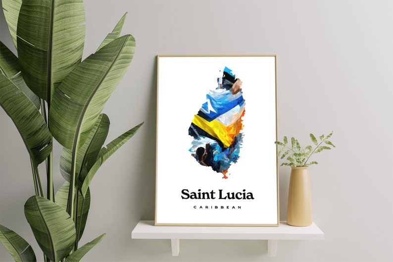 Saint Lucia Map Printable Art, Digital Painting, Blue Yellow Black ...