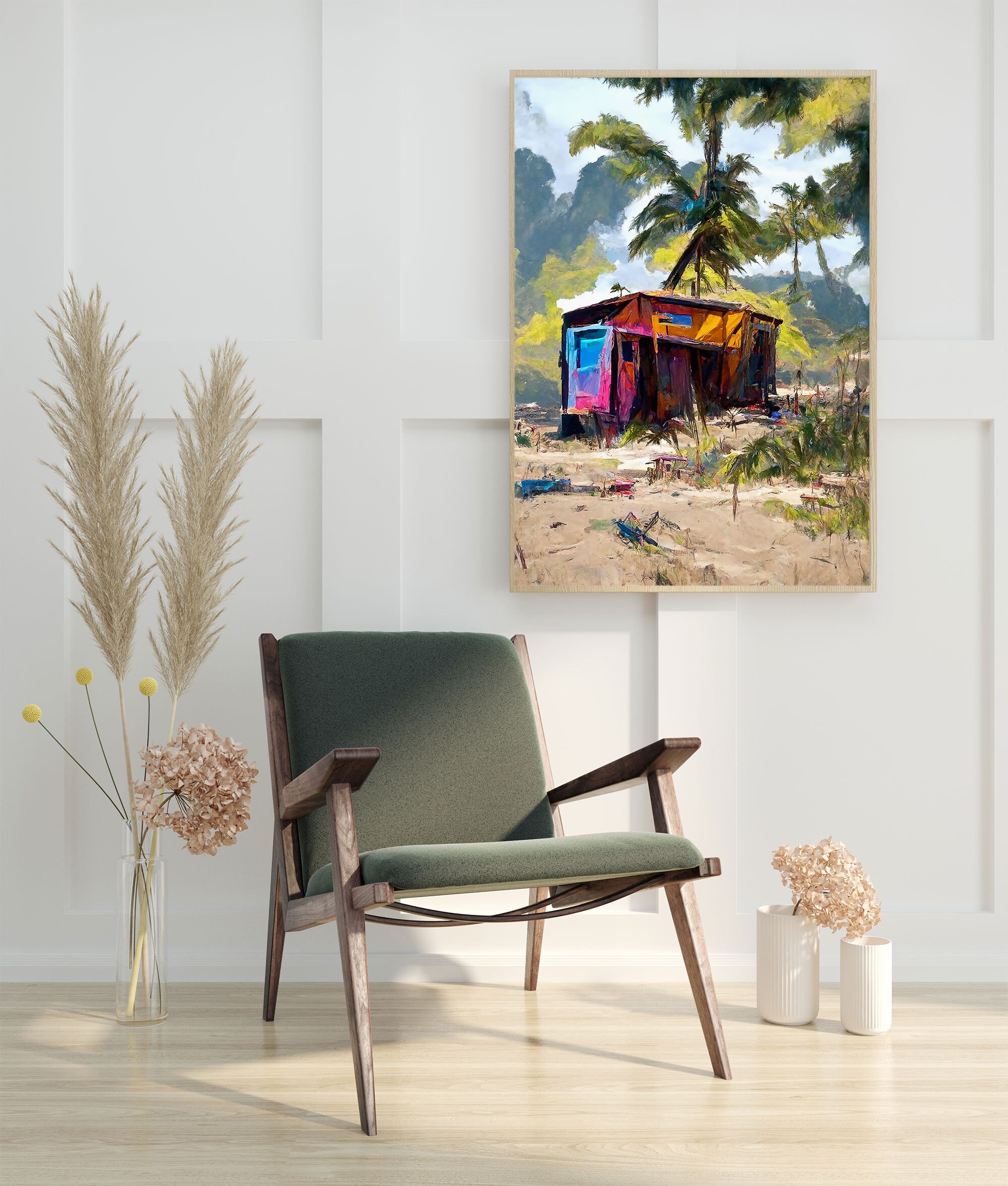 Beach Shack Digital Painting, Printable Wall Art, Blue Landscape Art ...