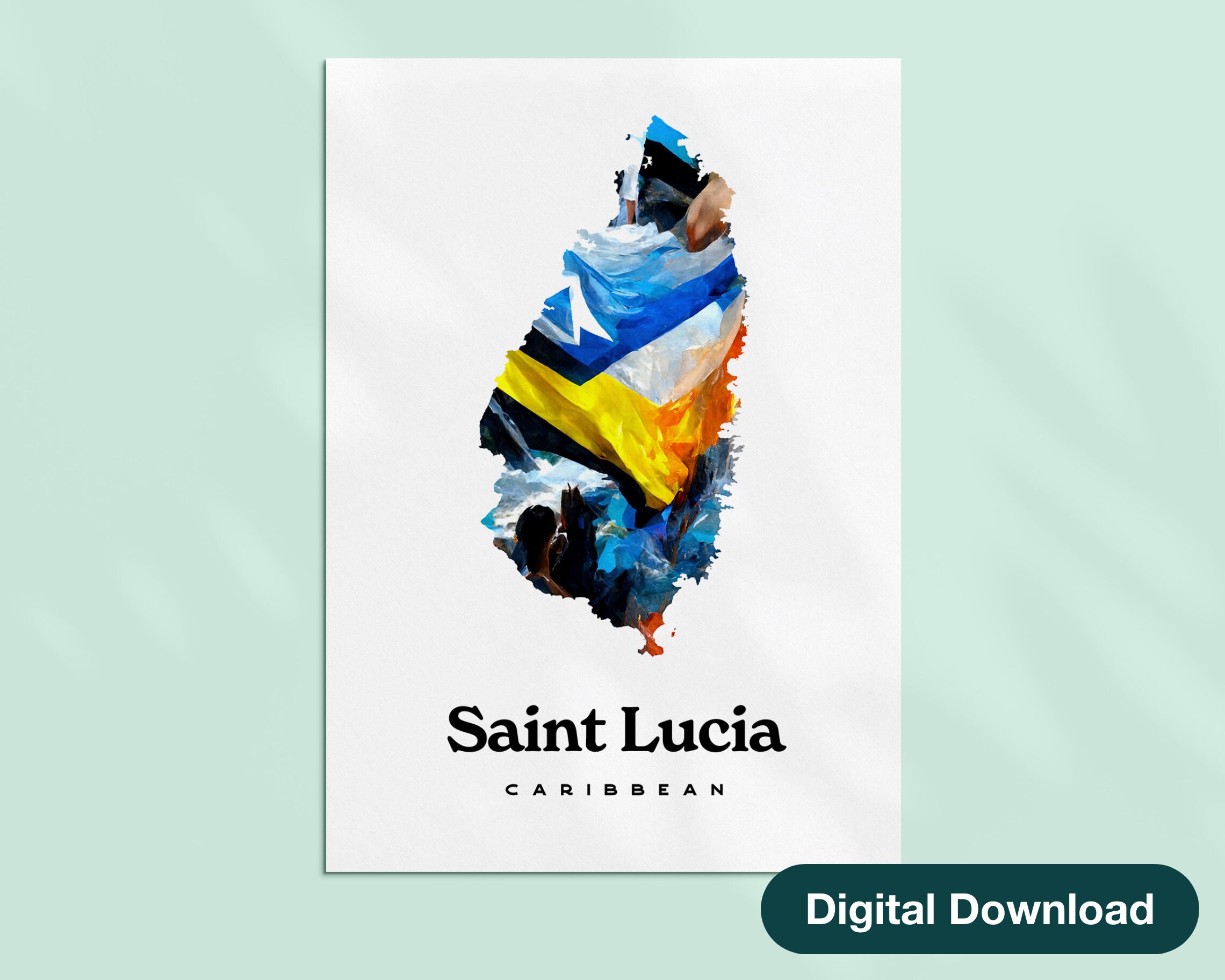Saint Lucia Map Printable Art, Digital Painting, Blue Yellow Black ...