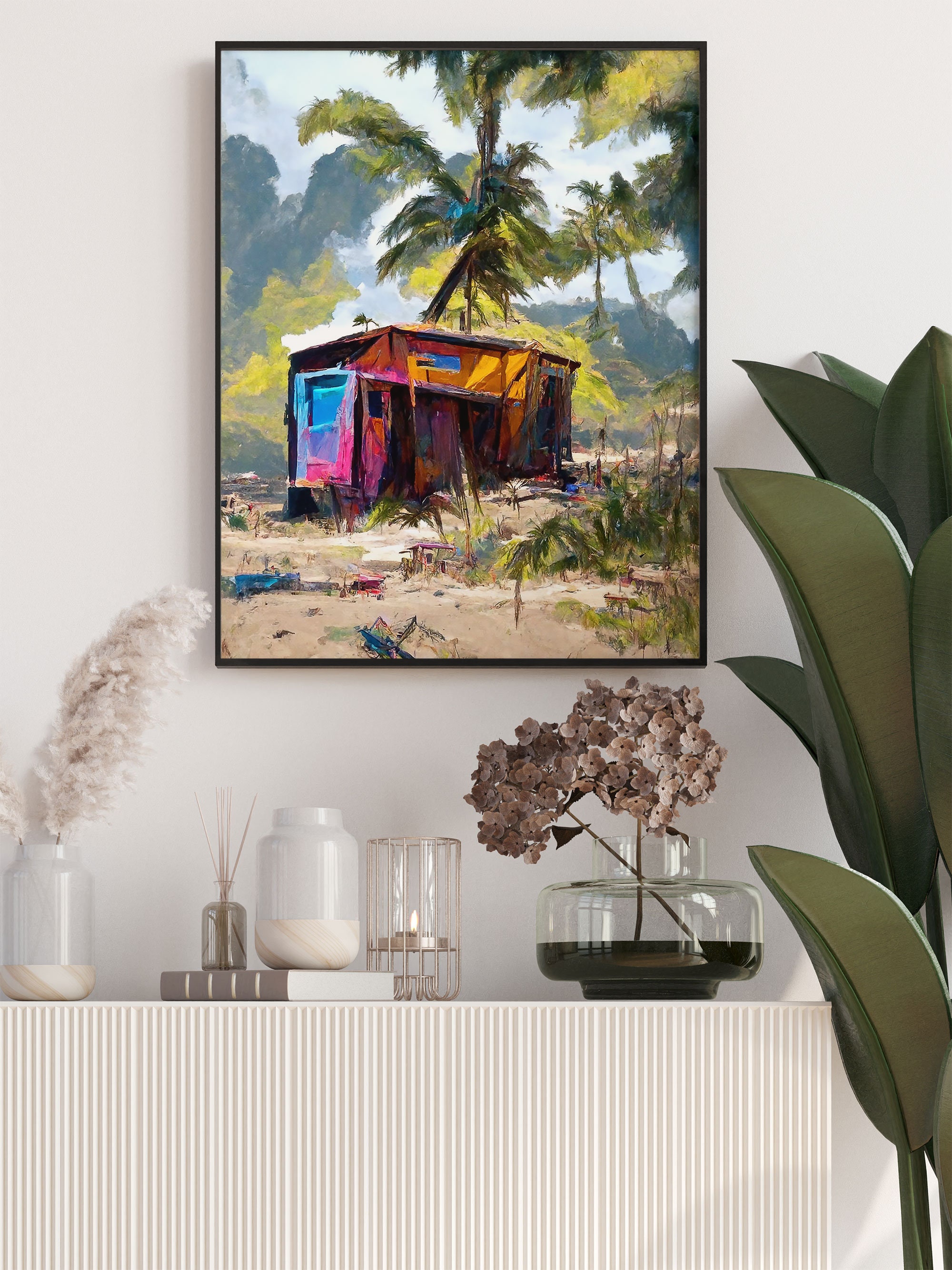 Beach Shack Digital Painting, Printable Wall Art, Blue Landscape Art ...