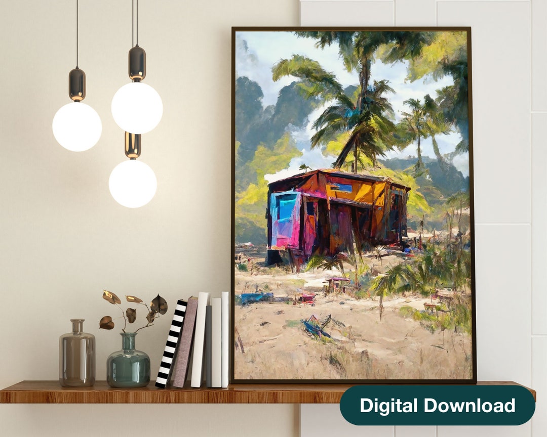 Beach Shack Digital Painting, Printable Wall Art, Blue Landscape Art ...