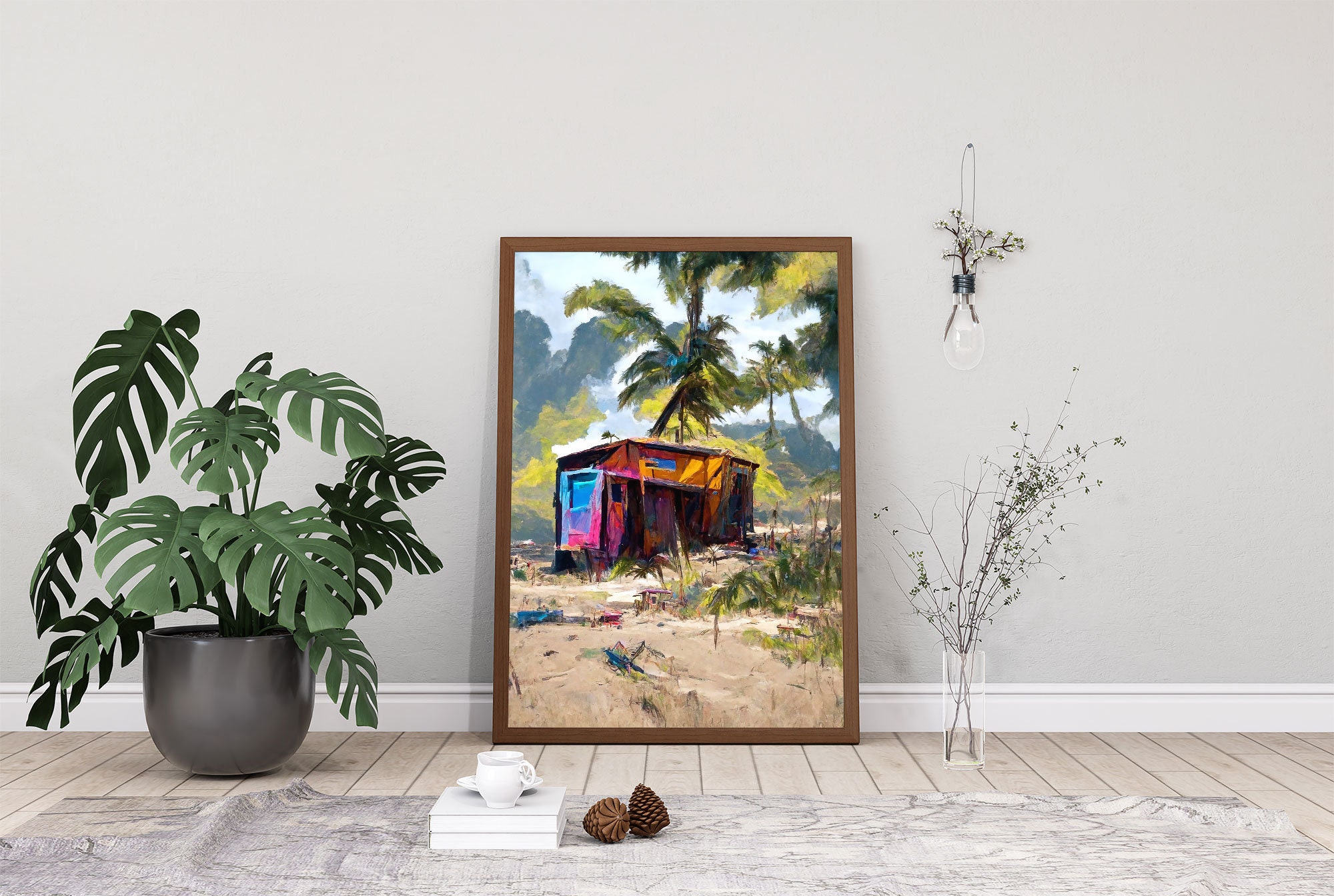 Beach Shack Digital Painting, Printable Wall Art, Blue Landscape Art ...
