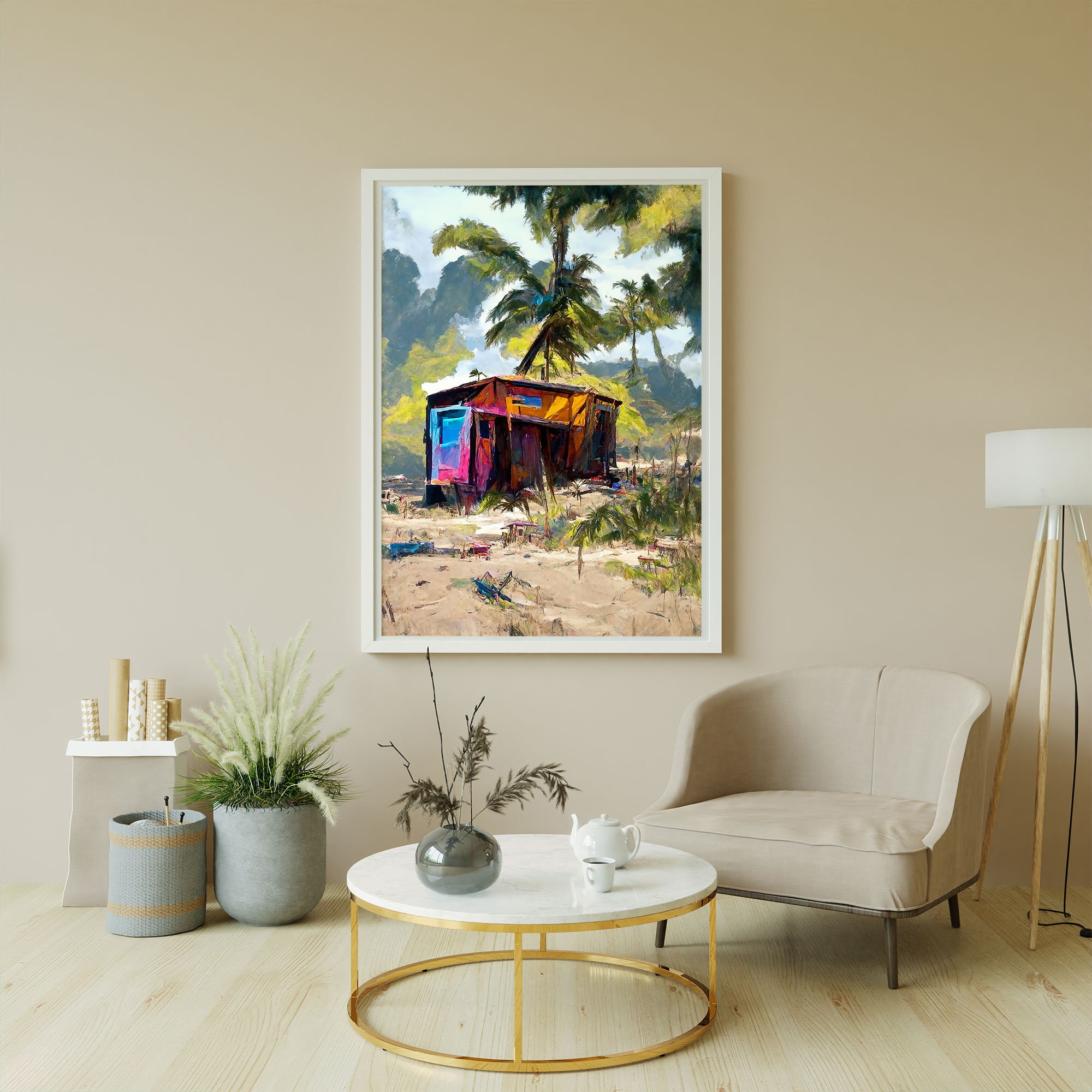 Beach Shack Digital Painting, Printable Wall Art, Blue Landscape Art ...