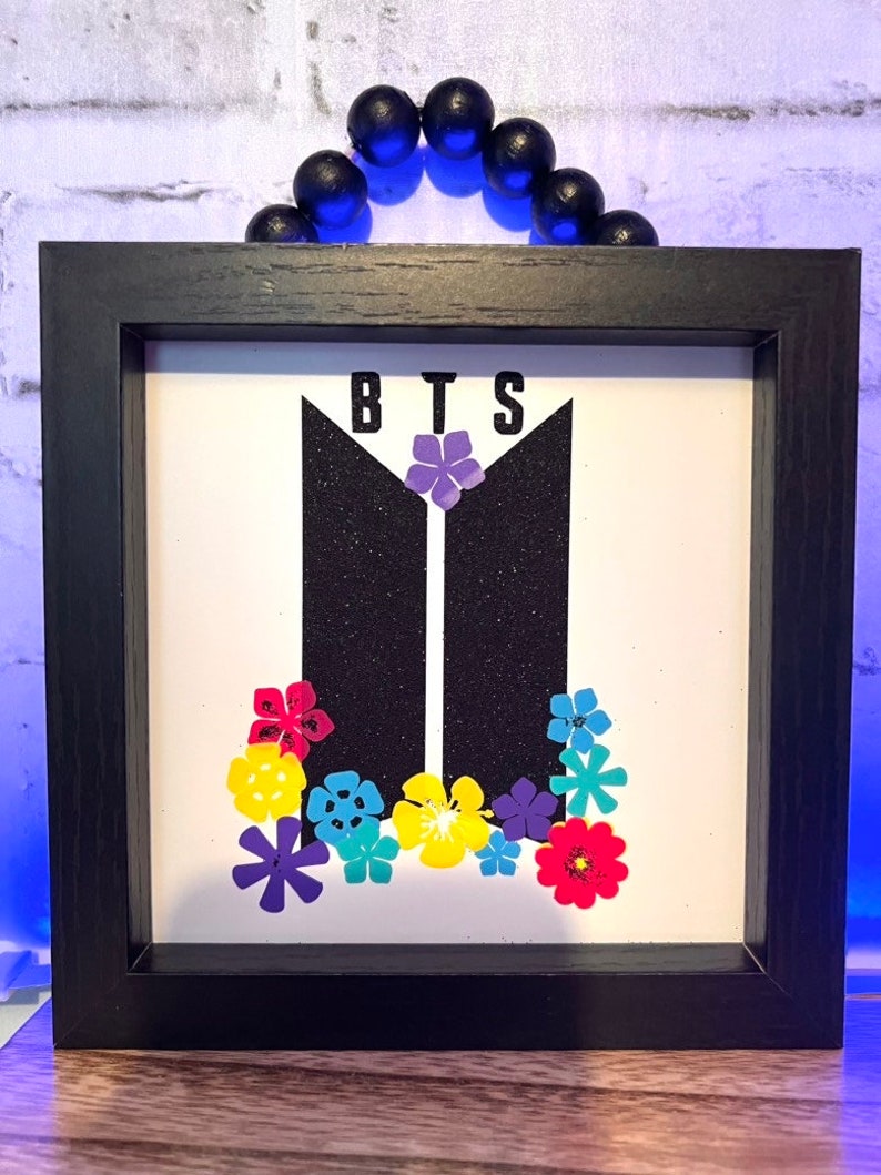 BTS Logo With Flowers in Wood Frame With Beaded Hangar - Etsy