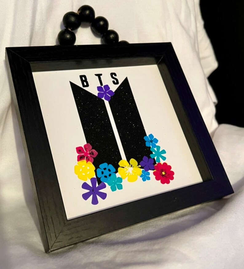 BTS Logo With Flowers in Wood Frame With Beaded Hangar - Etsy