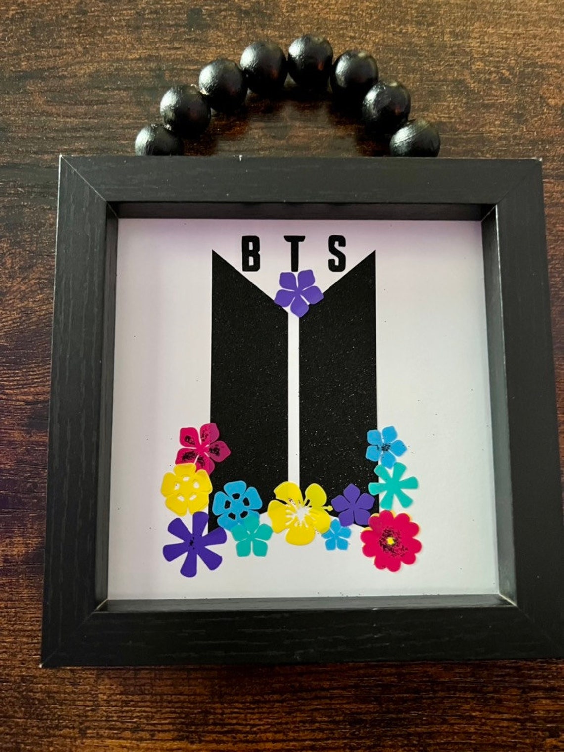 BTS Logo With Flowers in Wood Frame With Beaded Hangar - Etsy