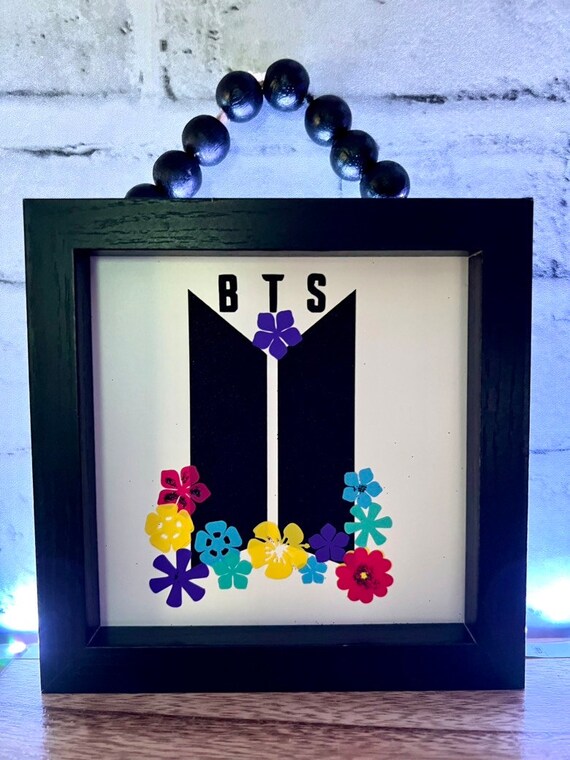 BTS Logo With Flowers in Wood Frame With Beaded Hangar - Etsy