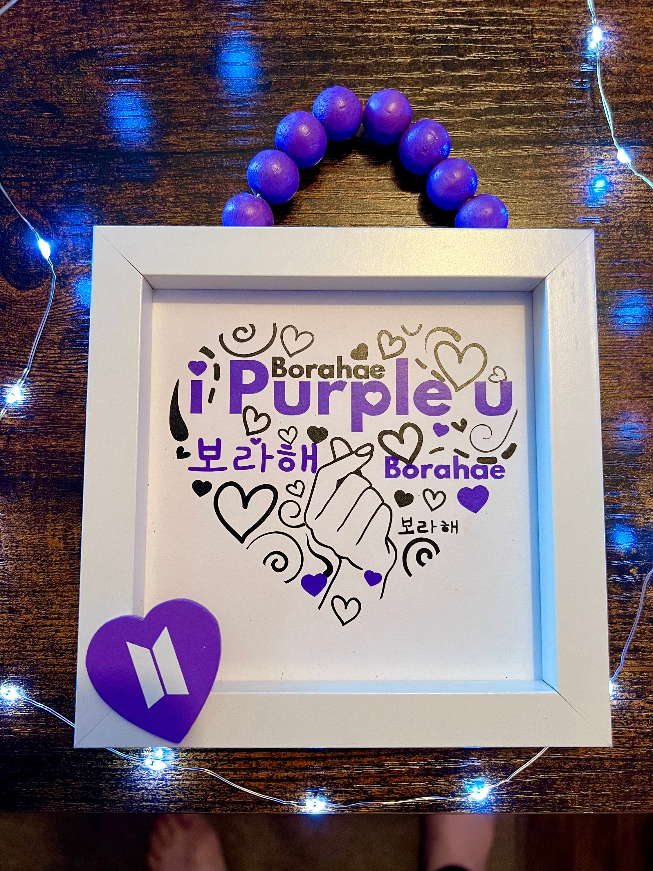 BTS Borahae Heart in Wood Frame With Beaded Hangar - Etsy
