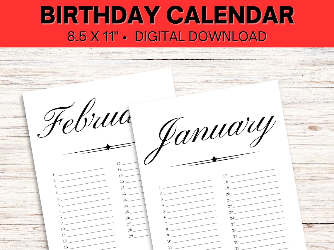 Birthday Calendar Printable, Perpetual Birthday Calendar, Birthday ...