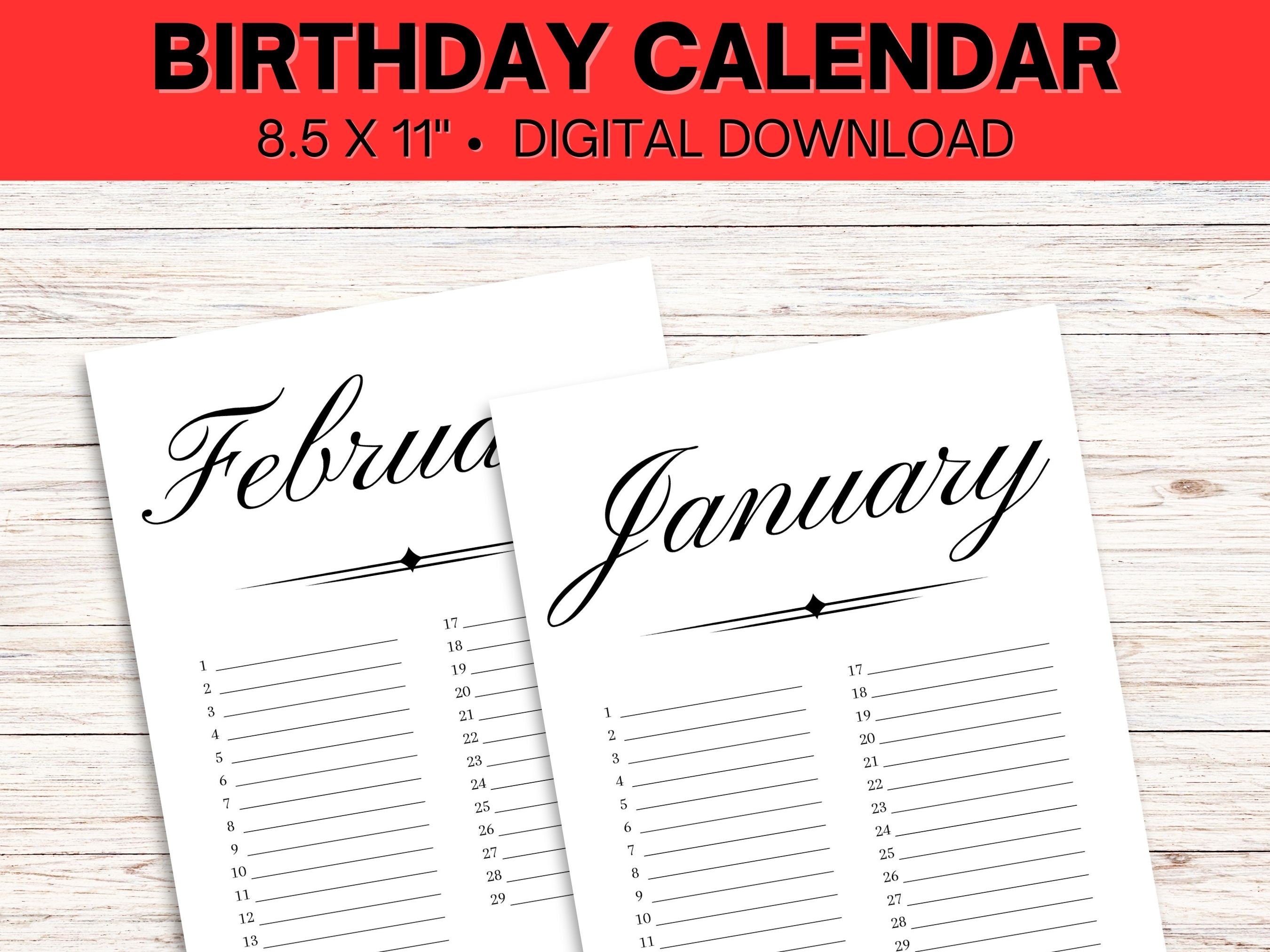 Birthday Calendar Printable, Perpetual Birthday Calendar, Birthday ...